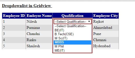 Use DropDownlist In GridView In ASP.NET Using C#