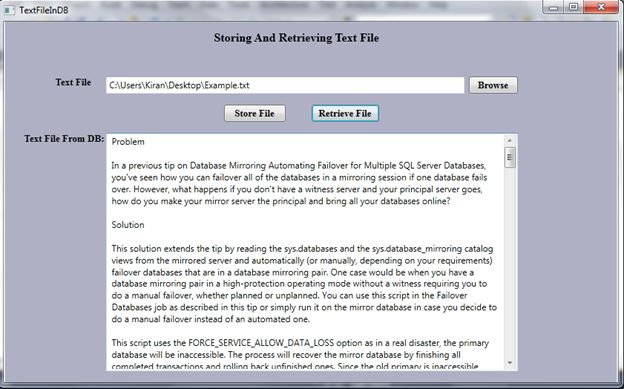 Storing And Retrieving Text File Using Sql Server Database In Wpf
