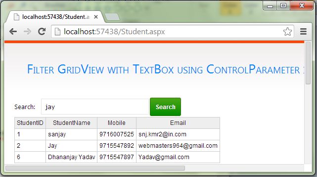 Filter GridView With TextBox Using Control Parameter in ASP.NET 4.5