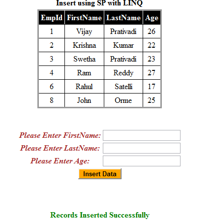 Insert and Update Data With SP Using LINQ