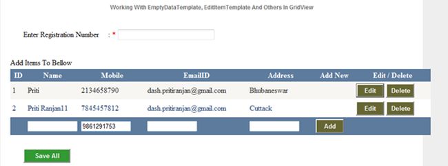 EmptyDataTemplate, EditItemTemplate and Others in a Gridview of ASP.Net