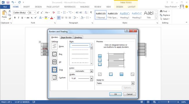 Add Table Border And Shade In Word 2013