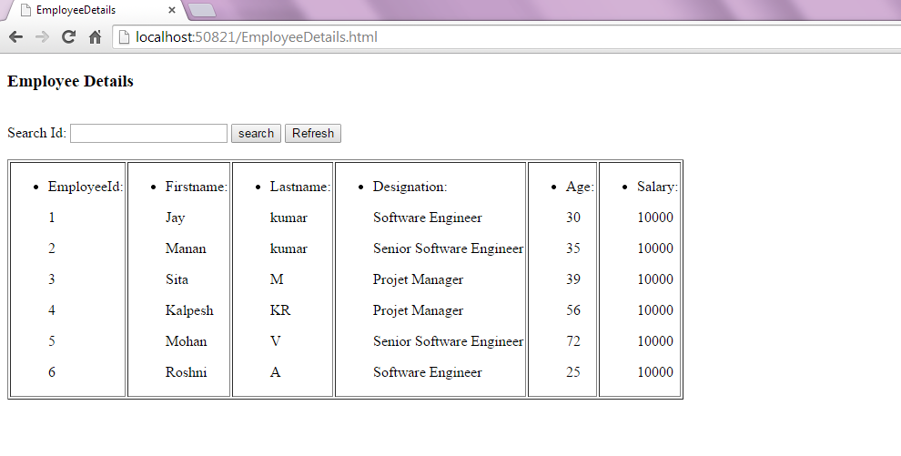 Create Restfull Service in C# and Get Data in HTML Page using JQuery