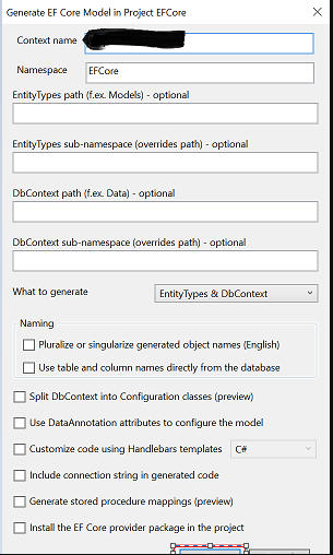 Scaffold-dbcontext Strings for Database-First in .NET Core