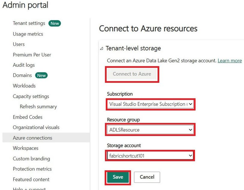 Azure Connections in Microsoft Fabric Admin Portal