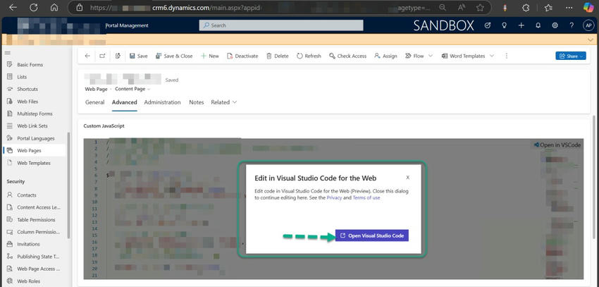 Edit in Visual Studio Code for the Web in Power Apps Portals