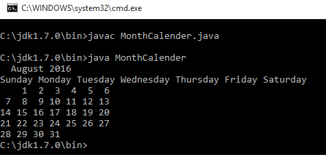 Implementing Monthly Calendar Program In JAVA