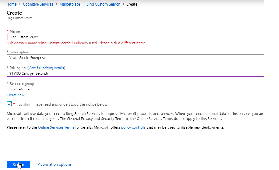 Create Bing Custom Search Cognitive Service - Using Azure Portal