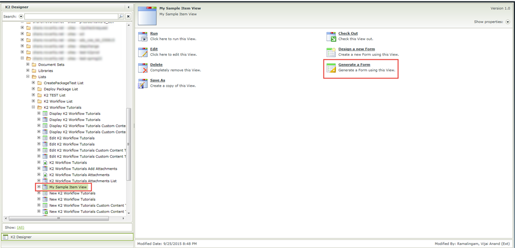 Generate a Form from Item View using K2 Designer in SharePoint 2013 Online