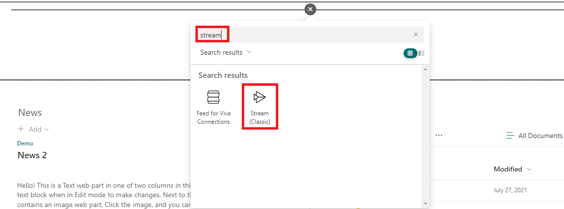 Video Embed Using Stream Classic Webpart In SharePoint Online Modern Page