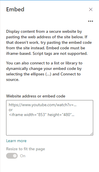Video Embed Using Embed Webpart In SharePoint Online Modern Page