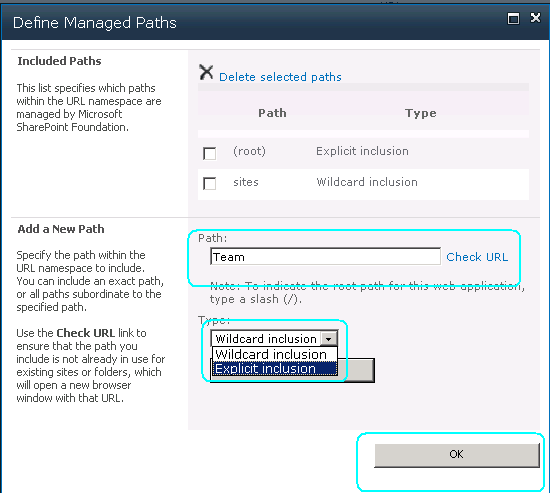 Define managed paths using Central Administration in SharePoint