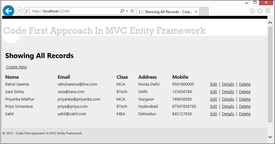Code First Approach In Mvc Using Entity Framework