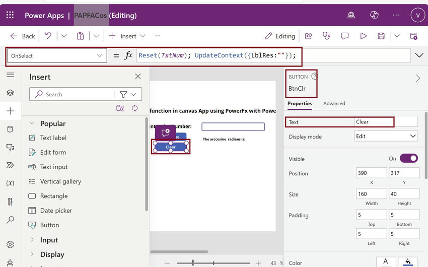 Acos function from Power Fx using Power Apps