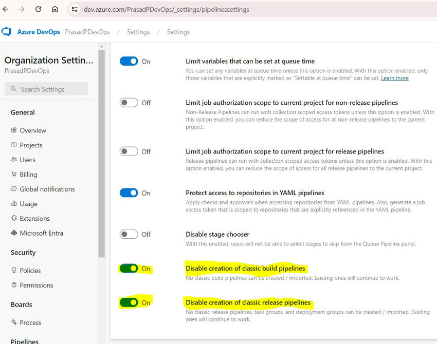Activate Classic Build and Release Pipelines in DevOps Trial