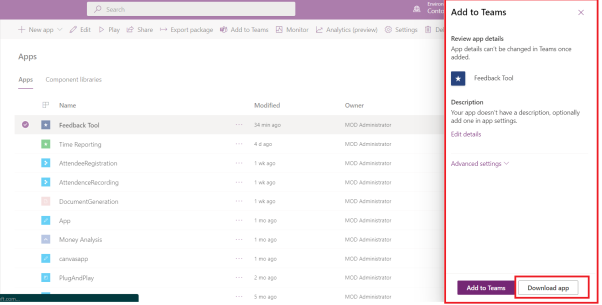 Add PowerApps As In-Meeting Teams App