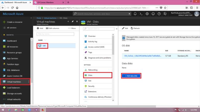Adding The Data Disk To The Azure Windows Virtual Machine
