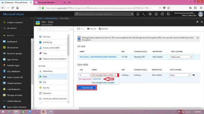 Adding The Data Disk To The Azure Windows Virtual Machine