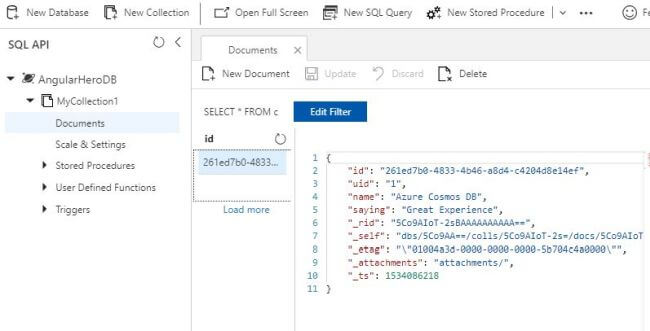 Angular 6 Application With Cosmos DB And Web API 2