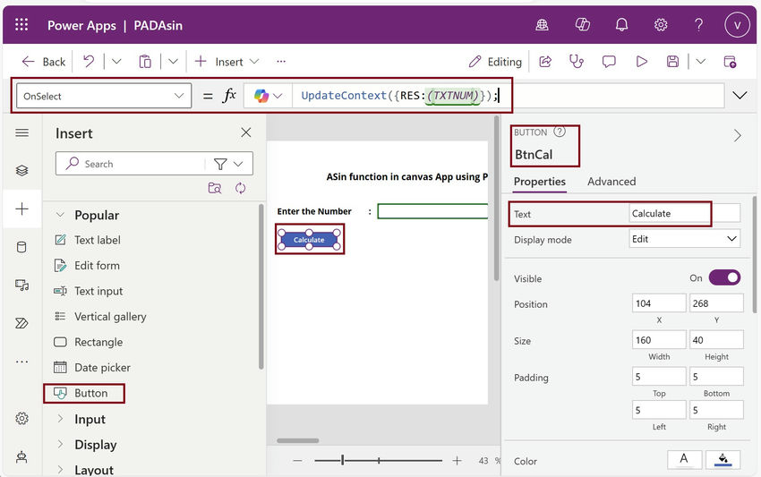 Asin function from Power Fx using Power Apps
