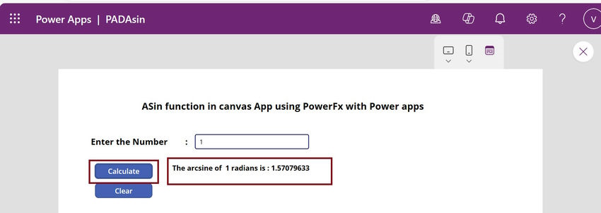 Asin function from Power Fx using Power Apps