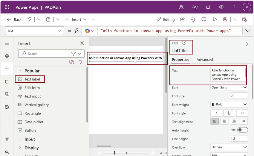 Asin function from Power Fx using Power Apps