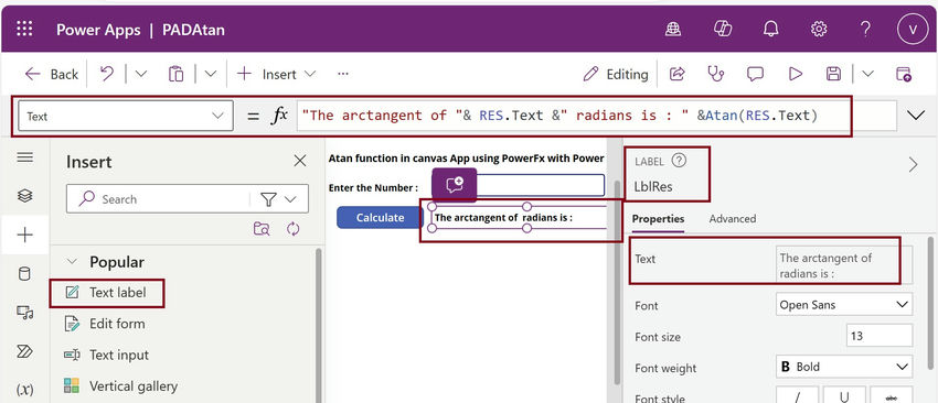 Atan function from Power Fx using Power Apps