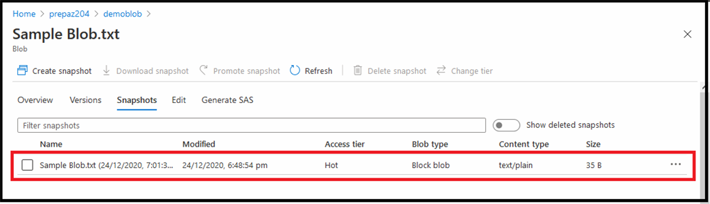Azure Blob Storage - SnapShot