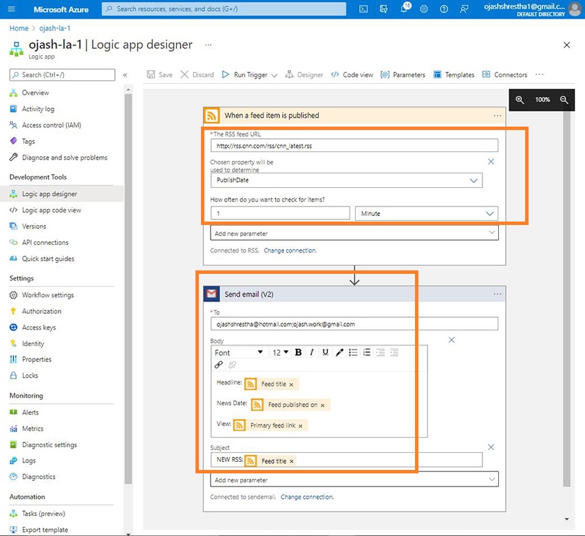Azure Logic App - Automatically Send Email With RSS Feed Trigger