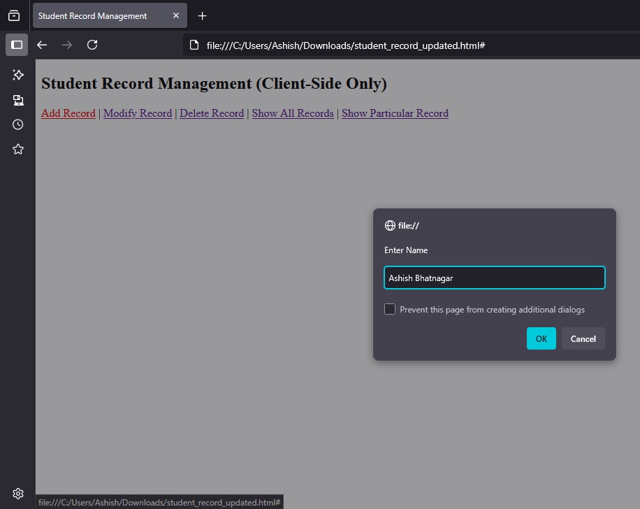 Client‑Side Student Record Management Using JavaScript (Add, Modify, Delete, Show – Student Records)