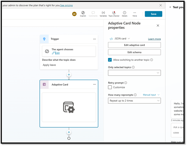 Copilot Studio: Use of Adaptive Card Node with a Real-World Example
