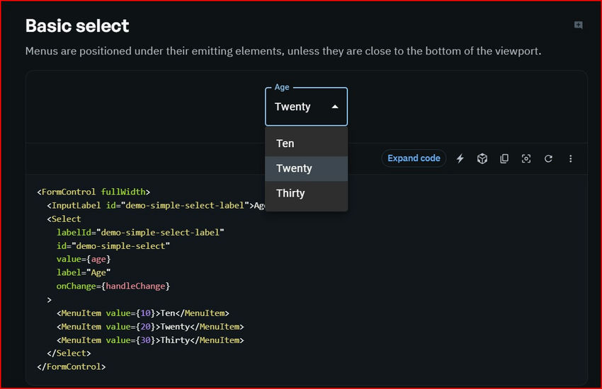 Create a Material-UI Custom Select Component with React js.