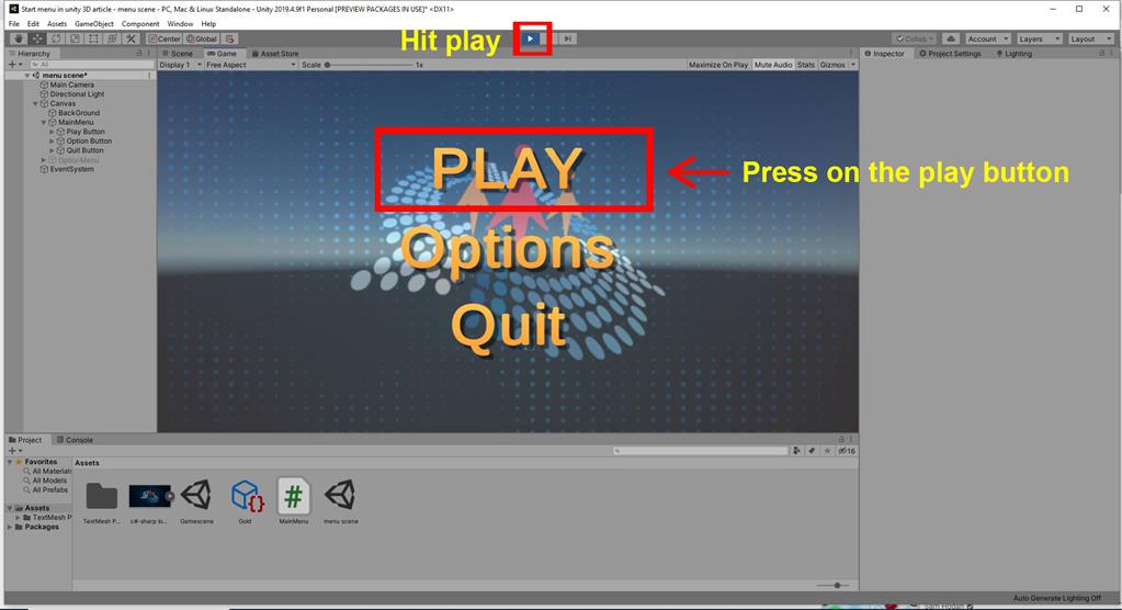 Create A Start Menu Scene Using C# Script In Unity 3D