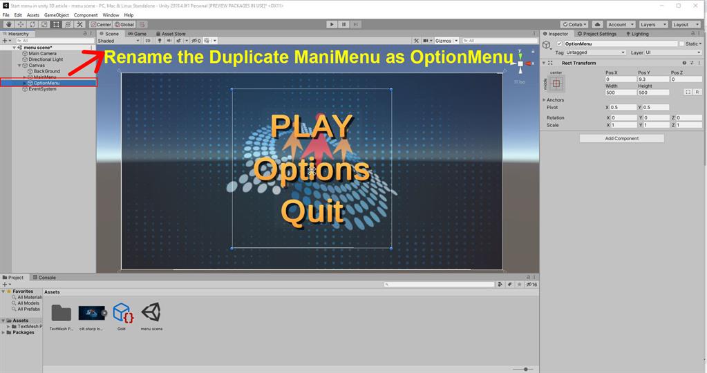 Create A Start Menu Scene Using C# Script In Unity 3D