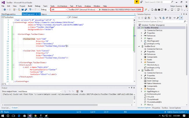 Create ToolBarItems In Xamarin.Forms Using Visual Studio