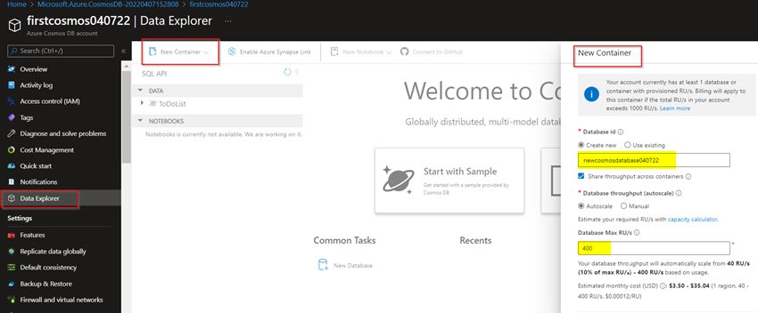 Creating Azure Cosmos DB Resources From The Azure Portal