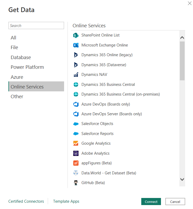 Data Source Connectors Available In Power Biconnect Power Bi With A