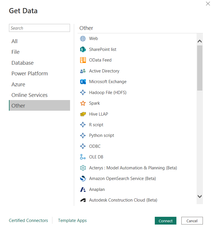 Data Source Connectors Available In Power Bi Connect Power Bi With A Data Source