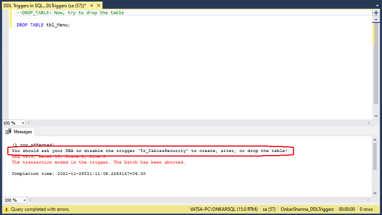 DDL Triggers In SQL Server