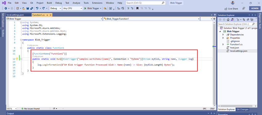 Deploy Azure Function - Blob Trigger From Visual Studio