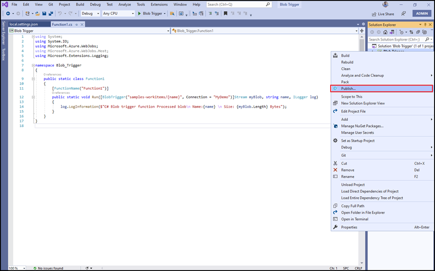Deploy Azure Function - Blob Trigger From Visual Studio