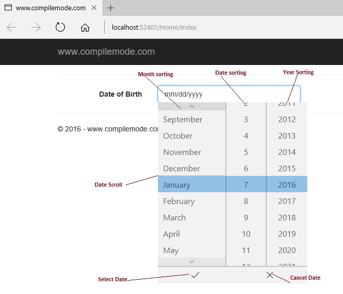 Displaying Calender Control In Aspnet Mvc Without Jquery And Javascript