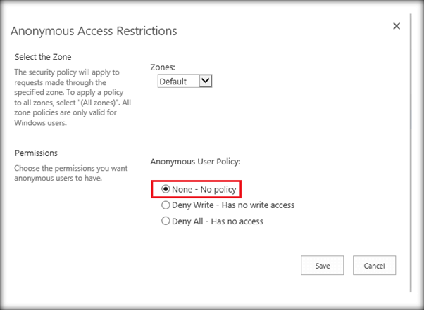 Enable Anonymous Access, SharePoint Server 2016