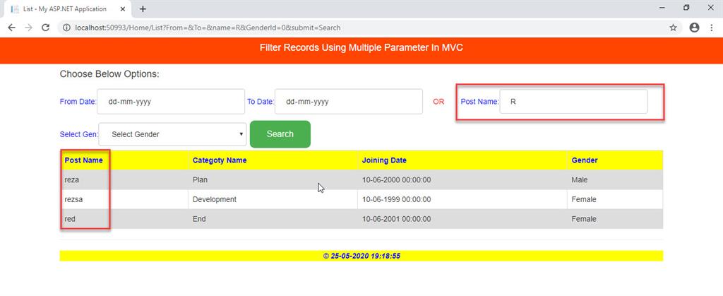 Filter Records By Passing Multiple Parameters In Stored Procedure Using Mvc