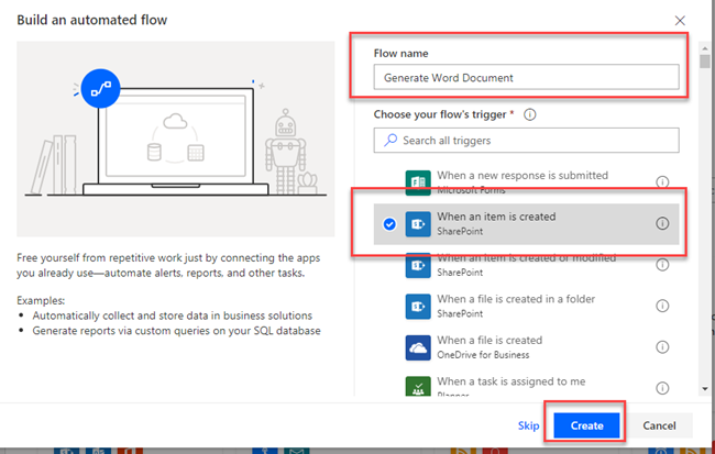 Create Word Document from SharePoint List with MS Flow & Quick Parts