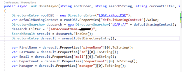 Get Details Of Logged In User From LDAP In .NET Core 2 Razor Pages