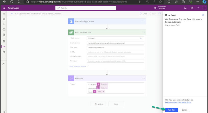 Get First Row from Dataverse Table in Power Automate