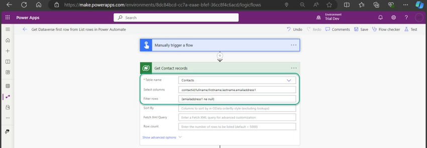 Get First Row from Dataverse Table in Power Automate