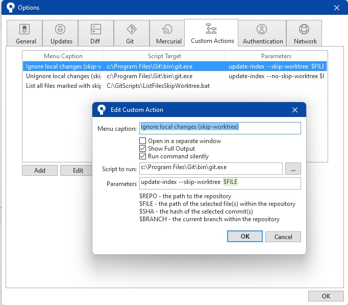 Git Sourcetree Custom Actions For Skip Worktree” Option