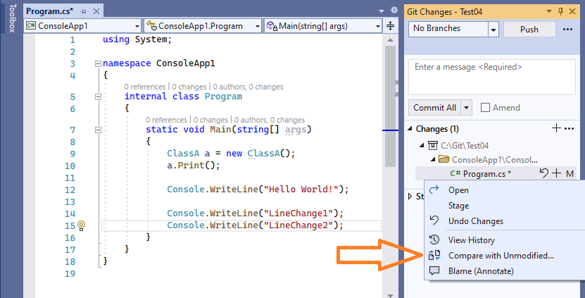 Git - Visual Studio 2022, v17.3.0, Line Staging